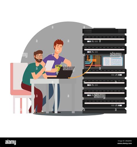 Cartoon Characters Computer Engineers Working With Server Cluster