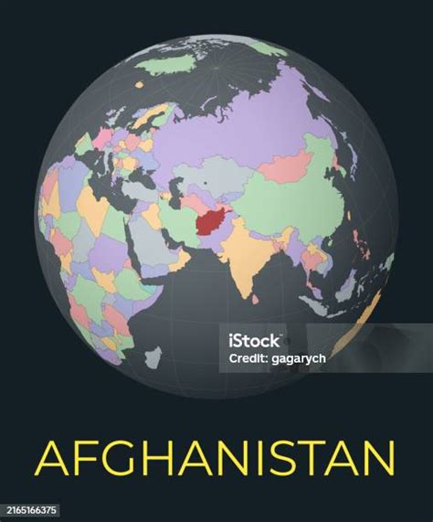 아프가니스탄을 중심으로 한 세계지도 빨간색 국가가 강조 표시되었습니다 이름이 있는 국가를 중심으로 한 위성 세계관 벡터 일러스트 레이 션 0명에 대한 스톡 벡터 아트 및
