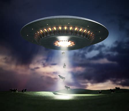 3d Illustration Of Retro Ufo Hovering In The Sky Using A Tractor Beam