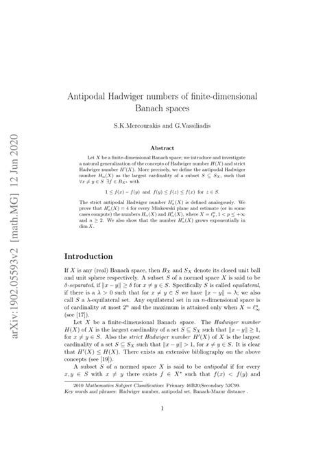 Pdf Antipodal Hadwiger Numbers Of Finite Dimensional Banach Spaces