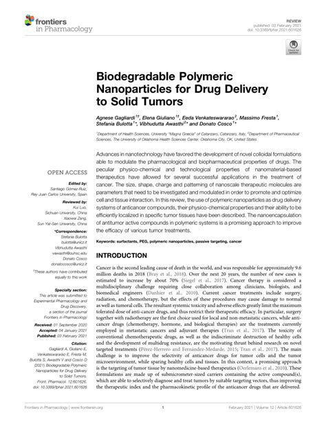 Pdf Biodegradable Polymeric Nanoparticles For Drug Delivery To Solid Tumors