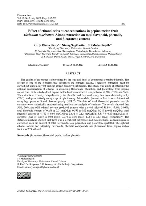Pdf Effect Of Ethanol Solvent Concentrations In Pepino Melon Fruit Solanum Muricatum Aiton