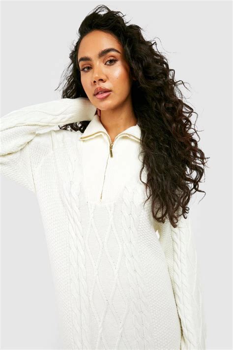 Cable Knit Half Zip Collared Jumper Dress Boohoo Uk
