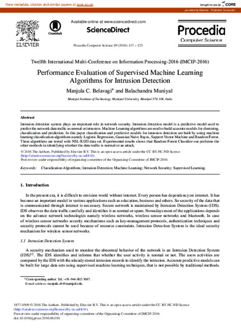 Pdf Performance Evaluation Of Supervised Machine Learning Algorithms For Intrusion Detection
