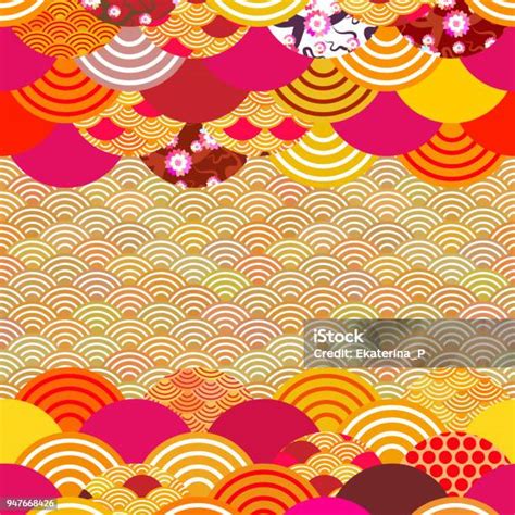 생선 비늘 간단한 자연 배경 카드 배너 서식 파일 오렌지 배경에 일본 웨이브 원형 패턴 노란색 오렌지 레드 버 건 디 색상 카드 배너 디자인 벡터 0명에 대한 스톡 벡터