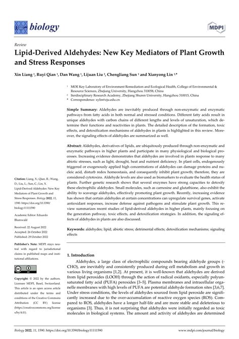 Pdf Lipid Derived Aldehydes New Key Mediators Of Plant Growth And