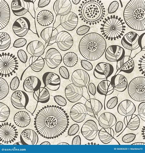 Monochrome Seamless Pattern Of Abstract Flowers Hand Drawn Floral Background With Doodle