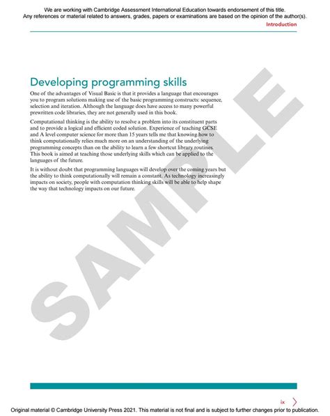 Cambridge Igcse And O Level Computer Science Programming Book For Microsoft Visual Basic Sample By