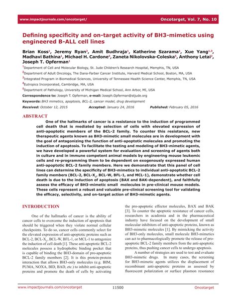 Pdf Defining Specificity And On Target Activity Of Bh3 Mimetics Using