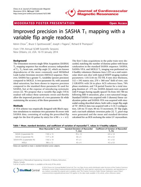 Pdf Improved Precision In Sasha T1 Mapping With A Variable Flip Angle Readout
