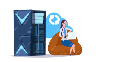 Premium Vector Data Storage Synchronization Cloud Center With Hosting Servers And Staff