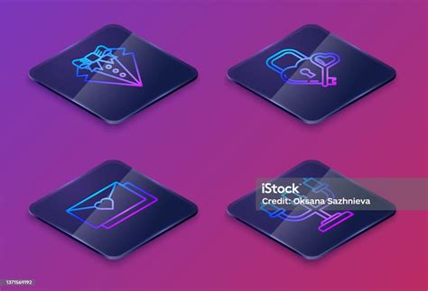 아이소메트릭 라인 슈트 발렌타인 하트가 있는 봉투 하트모양의 성 키 촛대를 세워보십시오 파란색 정사각형 버튼 벡터 3차원 형태에 대한 스톡 벡터 아트 및 기타 이미지