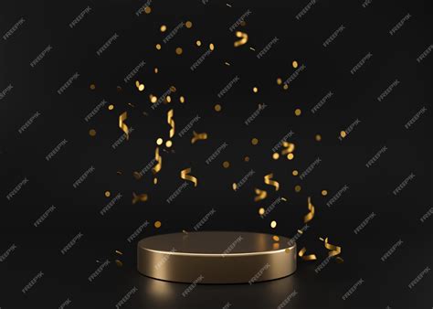 검은 배경에 떨어지는 색종이 조각이 있는 황금 연단 제품 화장품 프레젠테이션을 위한 우아한 연단 고급 모형 받침대 또는 미용