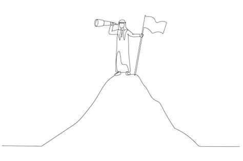 성공 아랍 남자의 그림 기회 연속 라인 아트의 산 개념에 플래그 옆에 망원경 스탠드를 개최 프리미엄 벡터