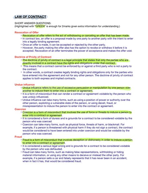 LLB St YEAR St SEM Internal EXAM LAW OF CONTRACT SHORT ANSWER QUESTIONS Highlighted With