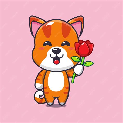 кошка держит цветок розы мультфильм векторные иллюстрации Премиум векторы