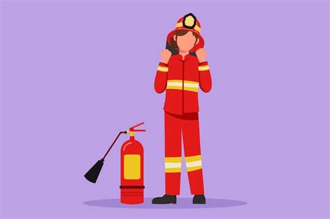 그래픽 플랫 디자인 그리기 여성 소방관은 소화기 착용 헬멧 유니폼을 입고 축하 제스처와 함께 서 있습니다 화상 건물 만화 스타일