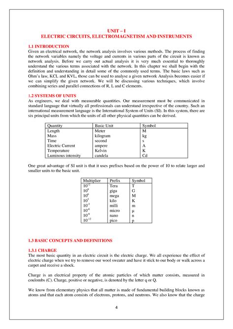 Electric Circuits Electromagnetism And Instruments Unit I Electric