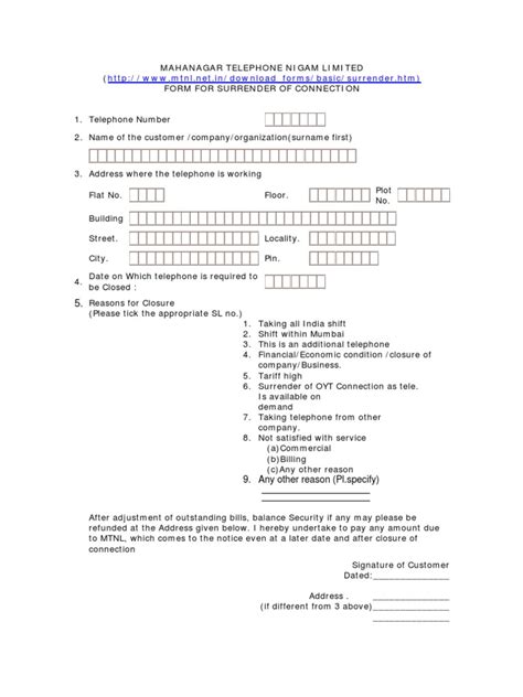 Surrender For Mtnl Disconnection Pdf