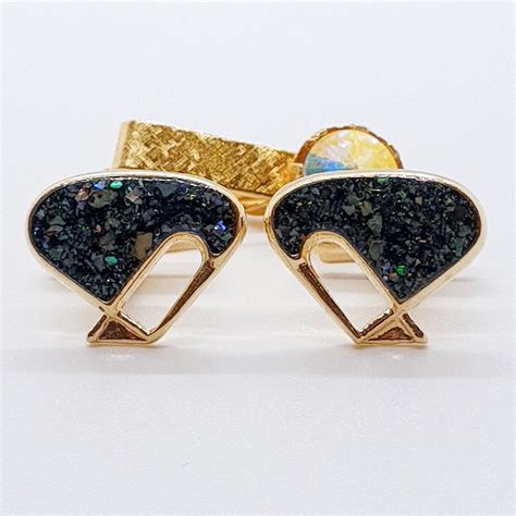 Vintage Marble Effect Cufflinks Gold Tone Tie Clip And Butterfly Pin