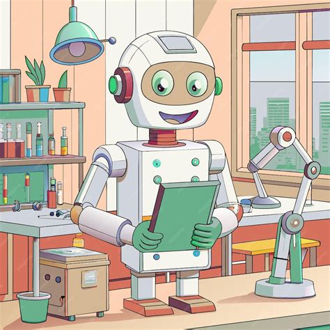 A Cartoon Of A Robot With Headphones And A Book Titled Robot Premium