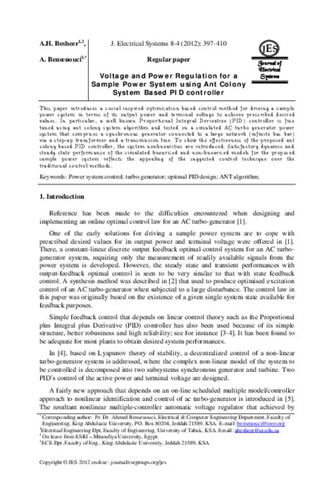 pdf voltage and power regulation for a sample power system using ant