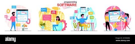 Programming Software Concept Scenes Set Developers Code In Different Programming Languages