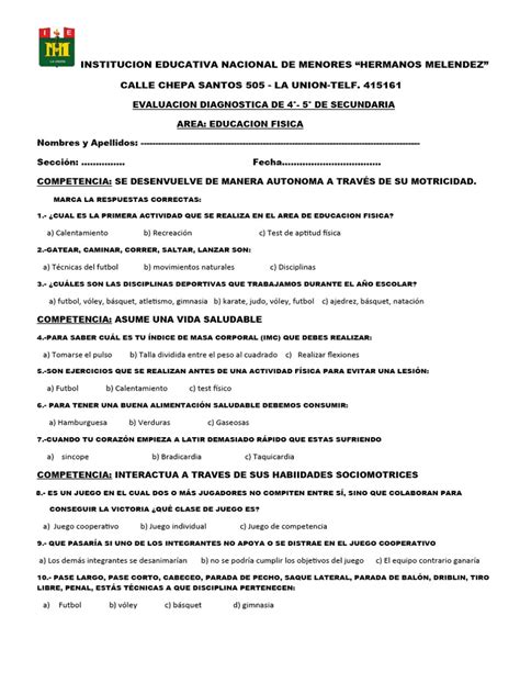 Evaluacion Diagnostica De Educacion Fisica 5° Y 6° Grado Pdf