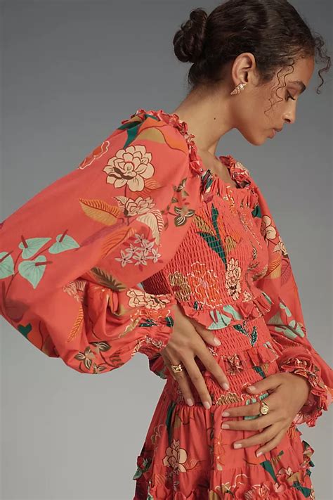 Farm Rio Long Sleeve Square Neck Smocked Ruffle Mini Dress Anthropologie
