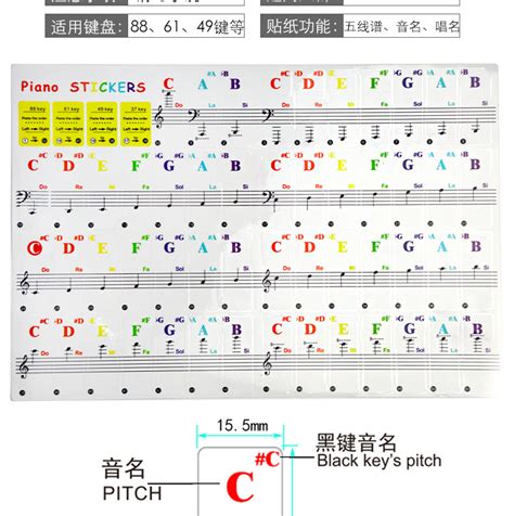 彩色钢琴贴纸五线谱简谱自学键盘贴纸彩色音名唱名电子琴键盘贴膜 阿里巴巴