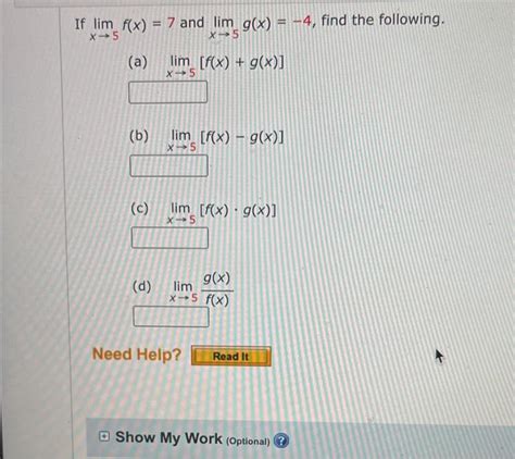 Solved Limx→5f X 7 And Limx→5g X −4 Find The Following