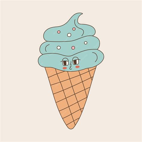 70년대의 얼굴을 가진 만화 복고풍 그루비 아이스크림 와플 콘 여름 캐릭터 프리미엄 벡터
