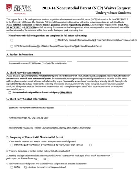 Fillable Noncustodial Parent Ncp Waiver Request Form