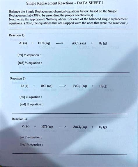 SOLVED: Single Replacement Reactions DATA SHEET Balance the Single Replacement chemical ...