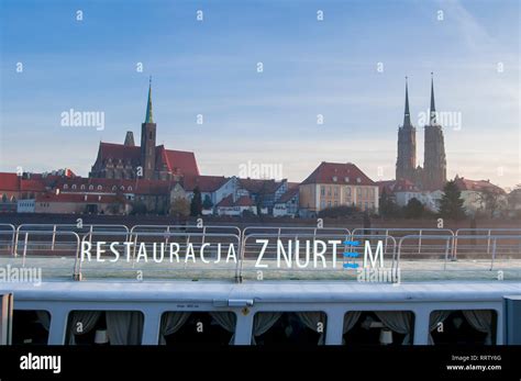 Restaurant Z Nurtem Logo on Wratislavia Floating ship in Wrocław with Cathedral of St John