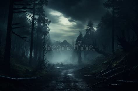 Ambiente Espeluznante Cobija La Noche En Un Bosque Oscuro Stock De