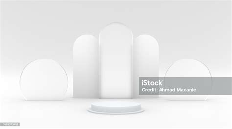 흰색 배경과 유리 효과 3d 그림 렌더링이 있는 플랫폼 흰색 제품 디자인 전단지 등을 위한 렌더링 0명에 대한 스톡 사진 및 기타 이미지 Istock