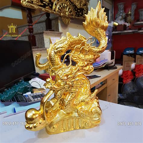 Tượng Rồng Nhả Ngọc Bằng Đồng Dát Vàng 9999