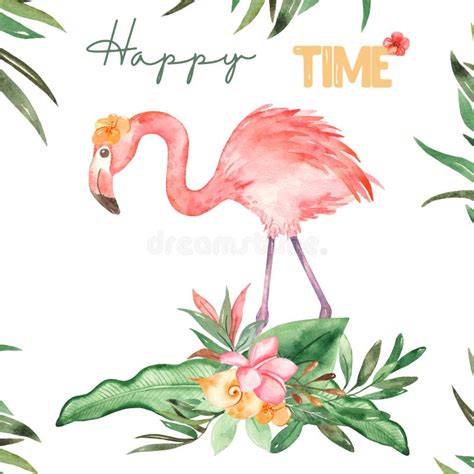 Watercolor Card With Flamingo And Tropical Plants Stock Illustration