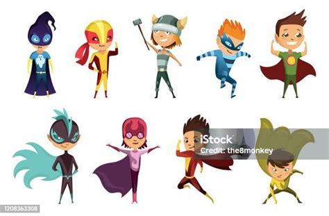 화려한 의상에 귀여운 슈퍼 히어로 아이 아이들은 슈퍼 히어로로 옷을 입고 흰색 배경에 설정 재미 플랫 격리 벡터 디자인 아이콘입니다 다른 포즈와 슈퍼 히어로 의상을 입고