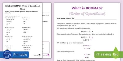 What Is BODMAS Order Of Operations Activity Sheet