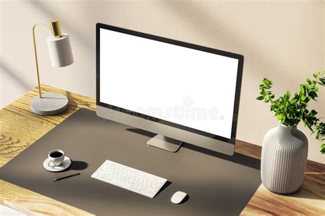 Contemporary Desktop Monitor Setup With Keyboard Mouse And Decorative Plants On Wooden Desk