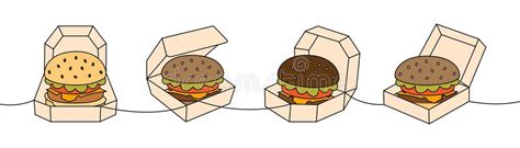 Set Of Burger In Cardboard Boxes One Line Colored Continuous Drawing Traditional American Fast