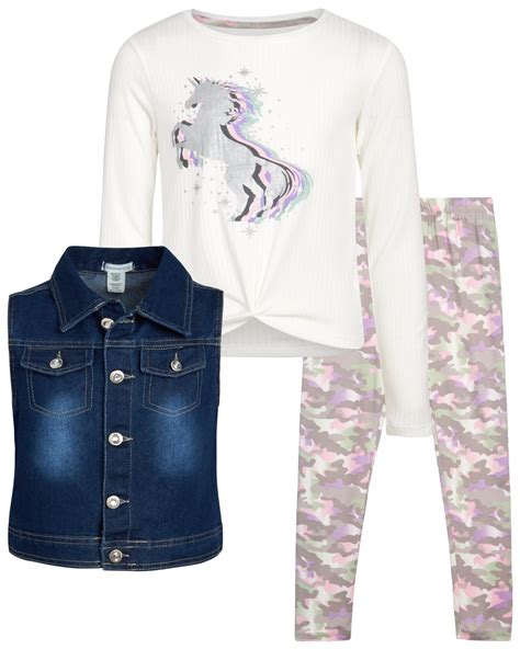 One Step Up Girls Leggings Set 3 Piece Denim Jean Vest Long Sleeve