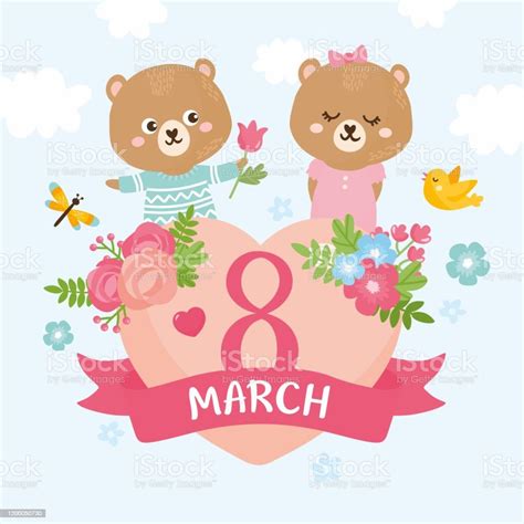 해피 여성의 날 카드 레터링 귀여운 곰과 꽃 인사말 카드 템플릿 엽서 또는 초대용 0명에 대한 스톡 벡터 아트 및 기타 이미지 0명 계절 곰 Istock