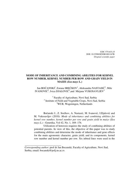Pdf Mode Of Inheritance And Combining Abilities For Kernel Row Number Kernel Number Per Row