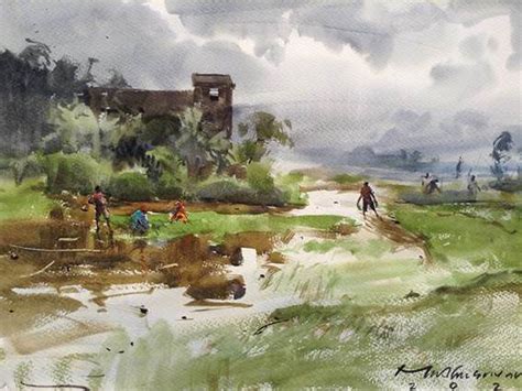 Life In A Village Watercolor Painting By Madhusudan Das Exotic