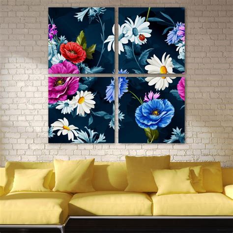 OWNTA Floral Blue Flower Pattern PC Frameless Canvas Wall Art Paintings For Living Room Canvas