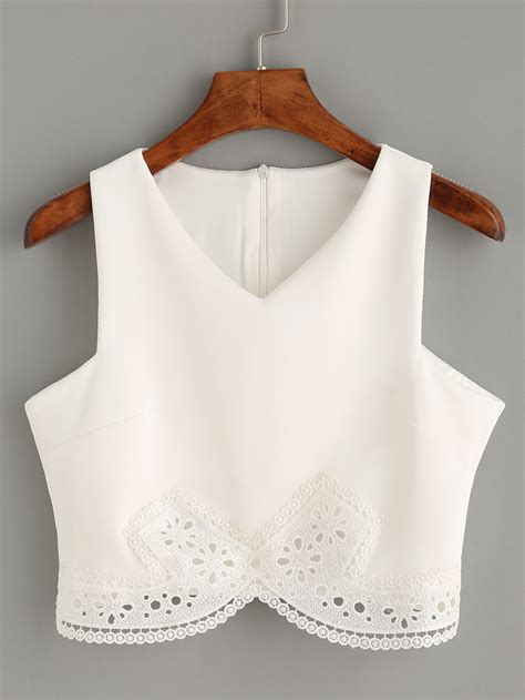 White Lace Trim Crop Tank Top Sheinsheinside