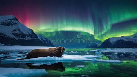 A Walrus Rests On An Ice Floe Under A Stunning Aurora Borealis In A